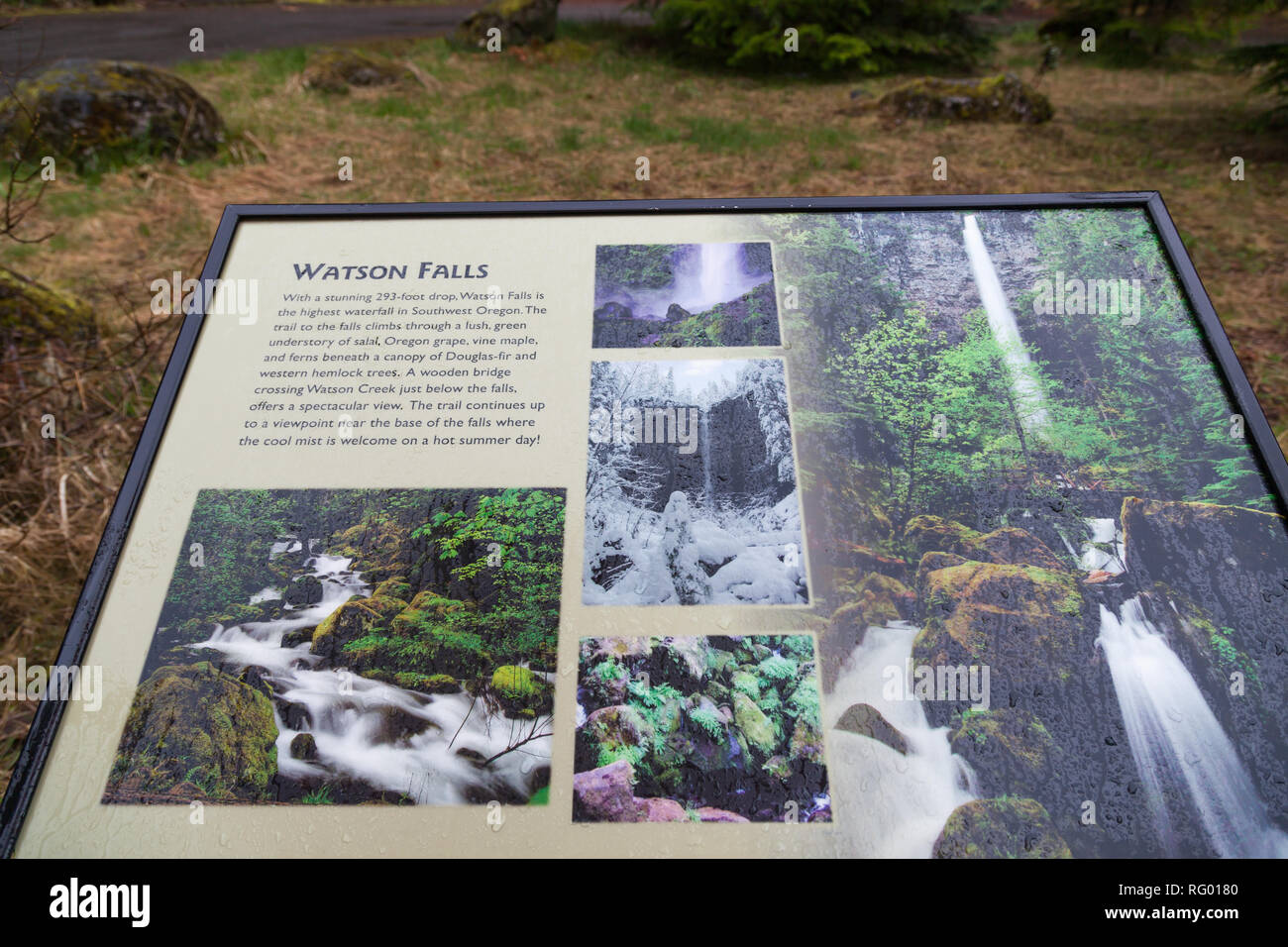 WATSON FALLS, OREGON - April 19, 2014: An informational sign explaining ...