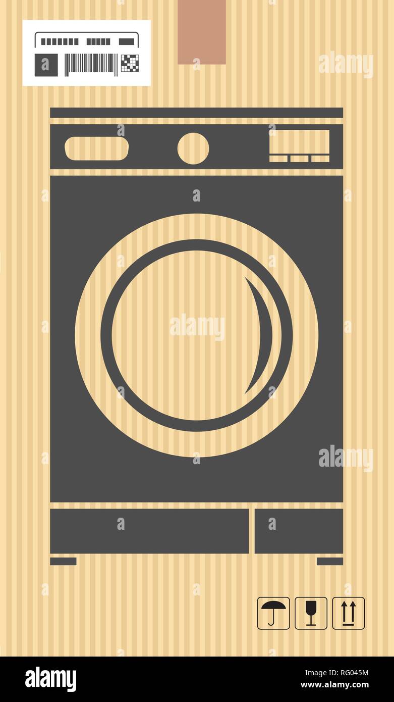 Mock up of washing machine in carton box. Moving and delivery services ...