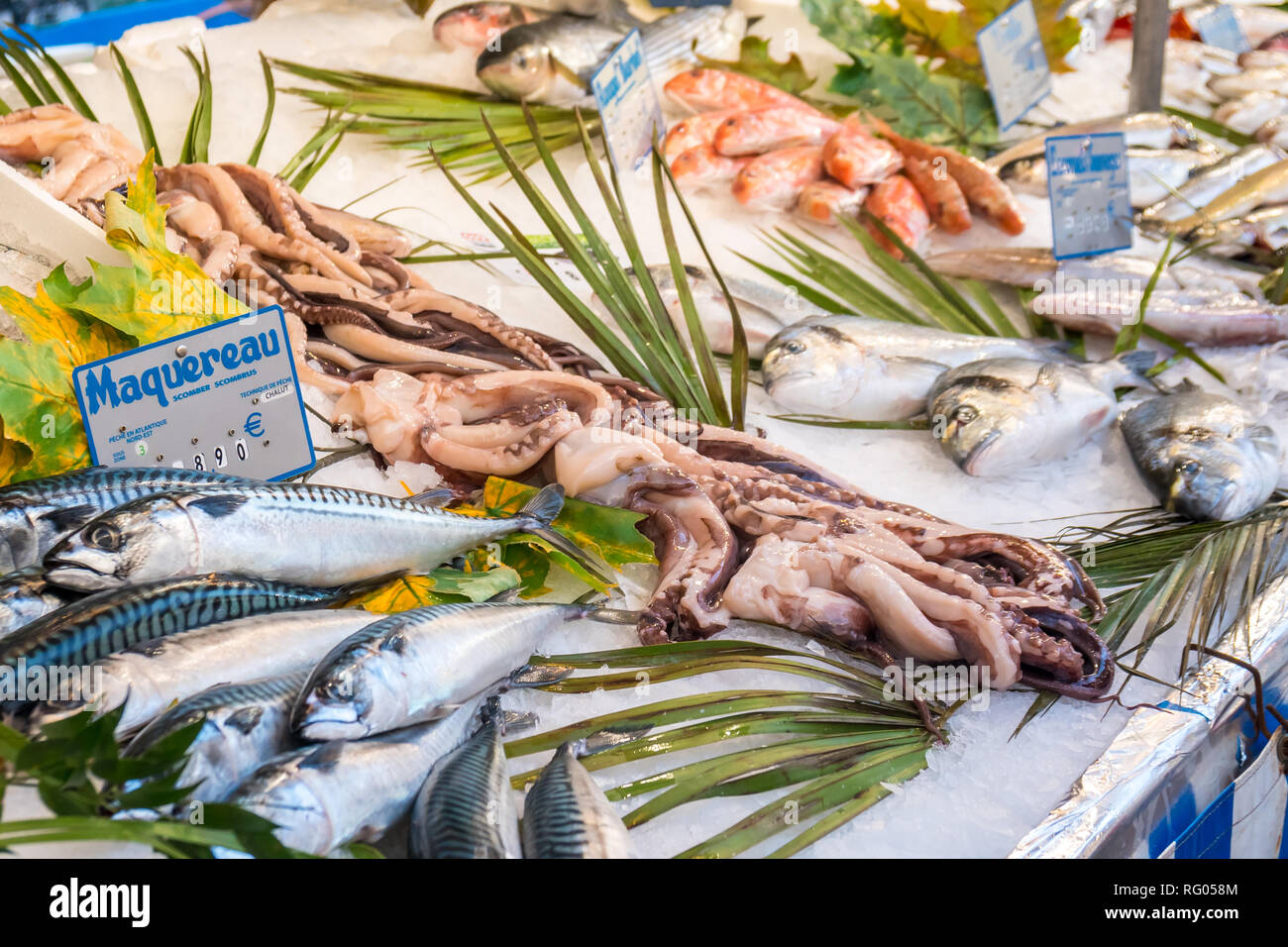 Fresh fish on ice in fish market Stock Photo - Alamy