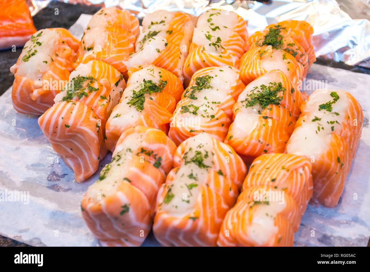 Salmon fillet in fish market, healthy food Stock Photo - Alamy