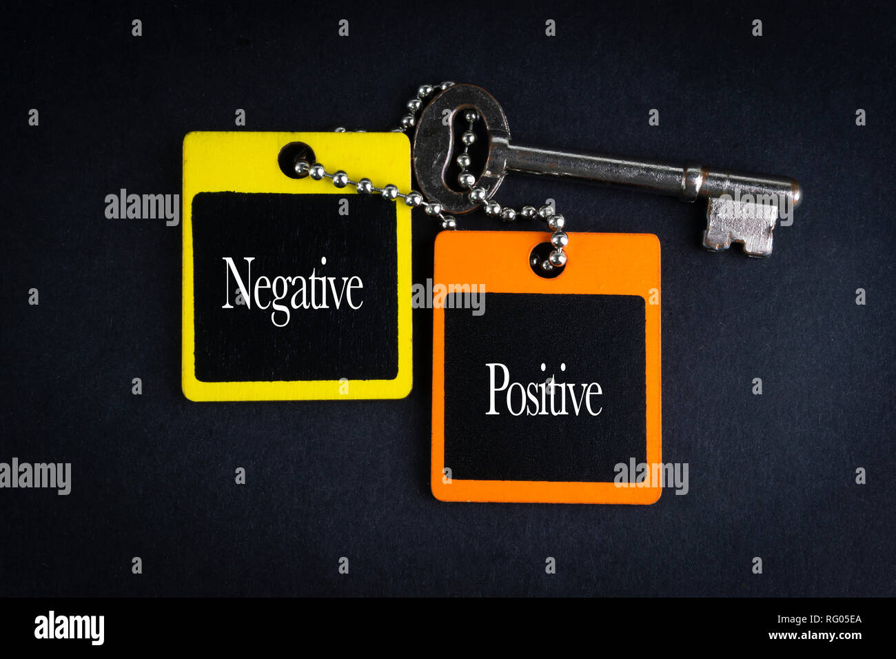 NEGATIVE POSITIVE inscription written on wooden tag and key on black ...