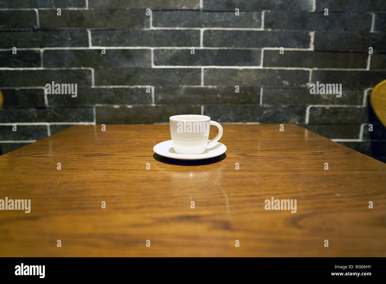SEOUL, SOUTH KOREA - CIRCA MAY, 2017: a cup of coffee on a table in ...