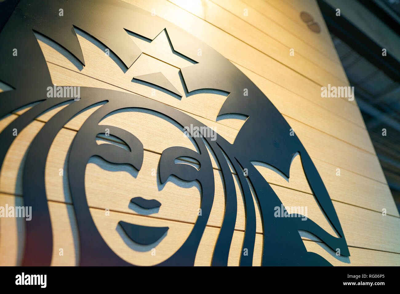 SEOUL, SOUTH KOREA - CIRCA MAY, 2017: close up shot of Starbucks sign ...