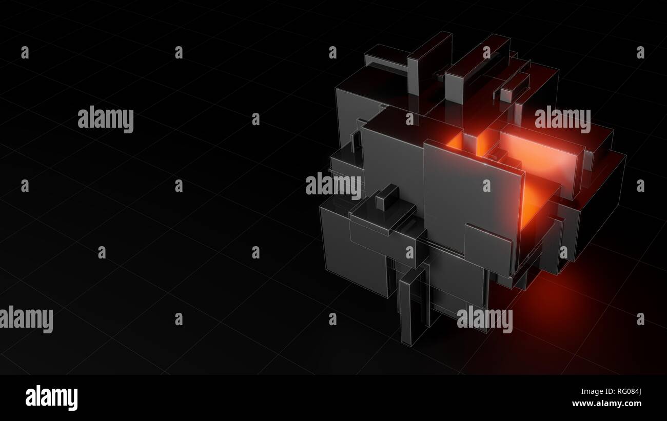 Abstract 3d object consisting of cubes. Red glow inside the object ...