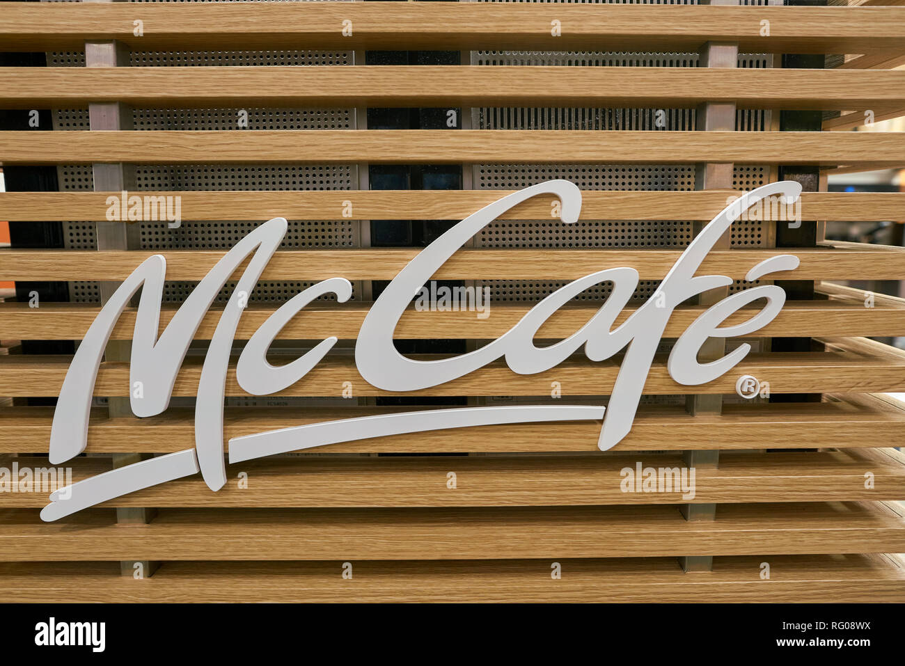 SEOUL, SOUTH KOREA - CIRCA MAY, 2017: close up shot of McCafe sign ...