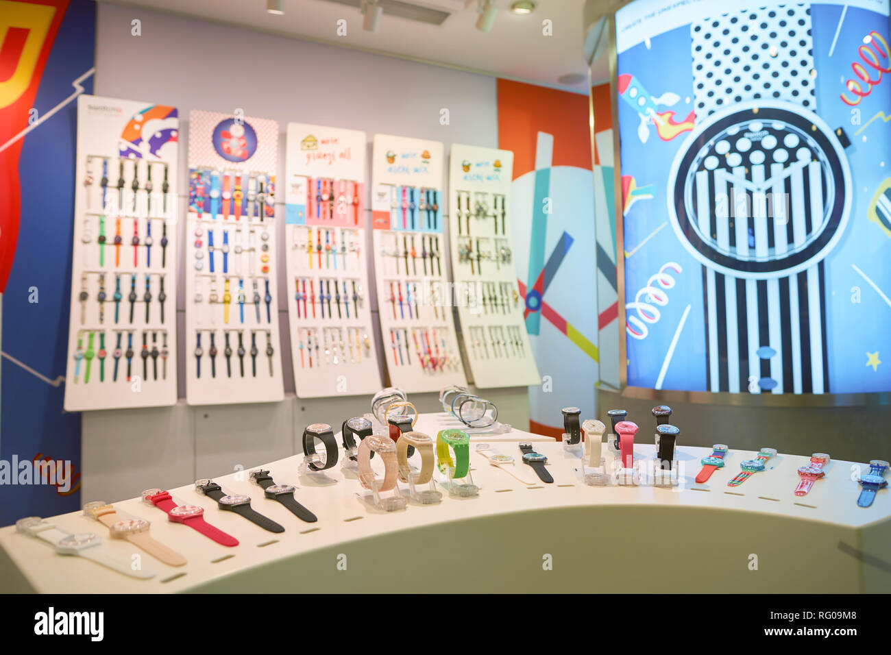 HONG KONG - CIRCA SEPTEMBER, 2016: watches on display at Swatch store ...