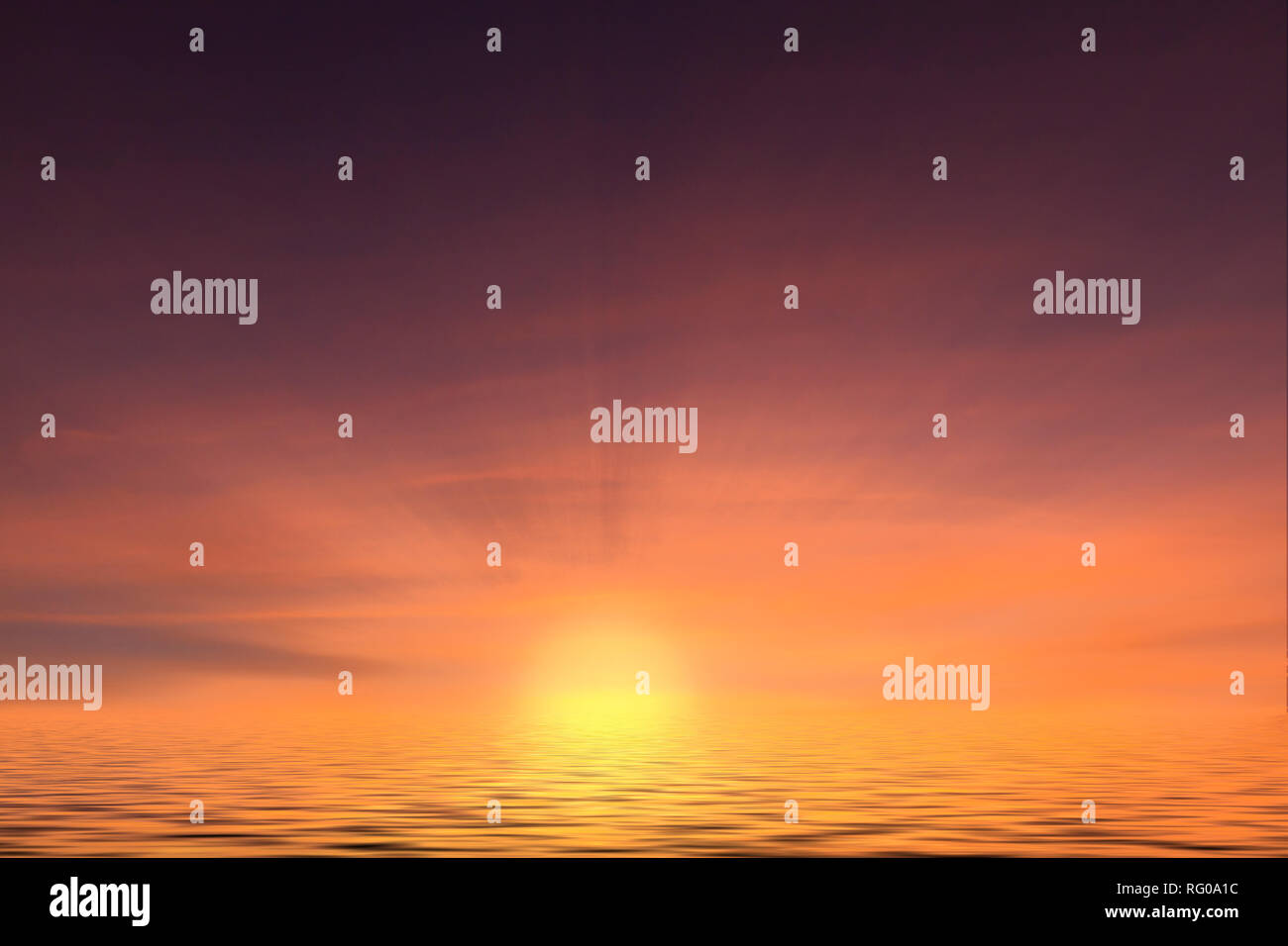 Sunset at sea with just the ocean waves and orange and pink sun setting ...