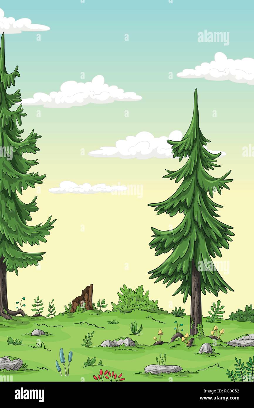 Cartoon summer landscape with trees, hand draw illustration Stock ...