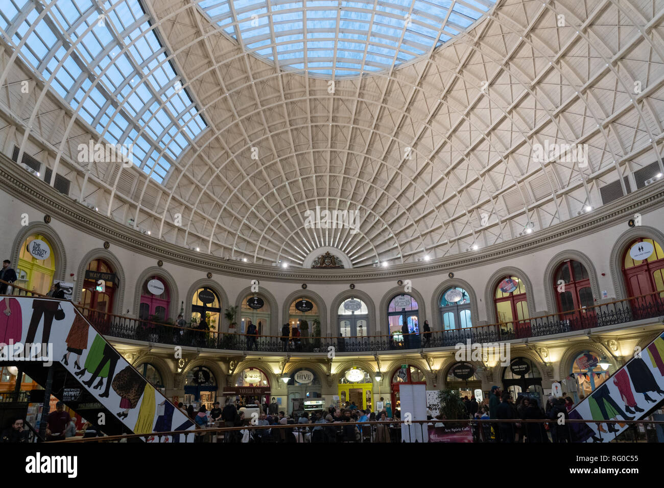 The Corn Exchange interior with shops and curved roof, Leeds, West ...