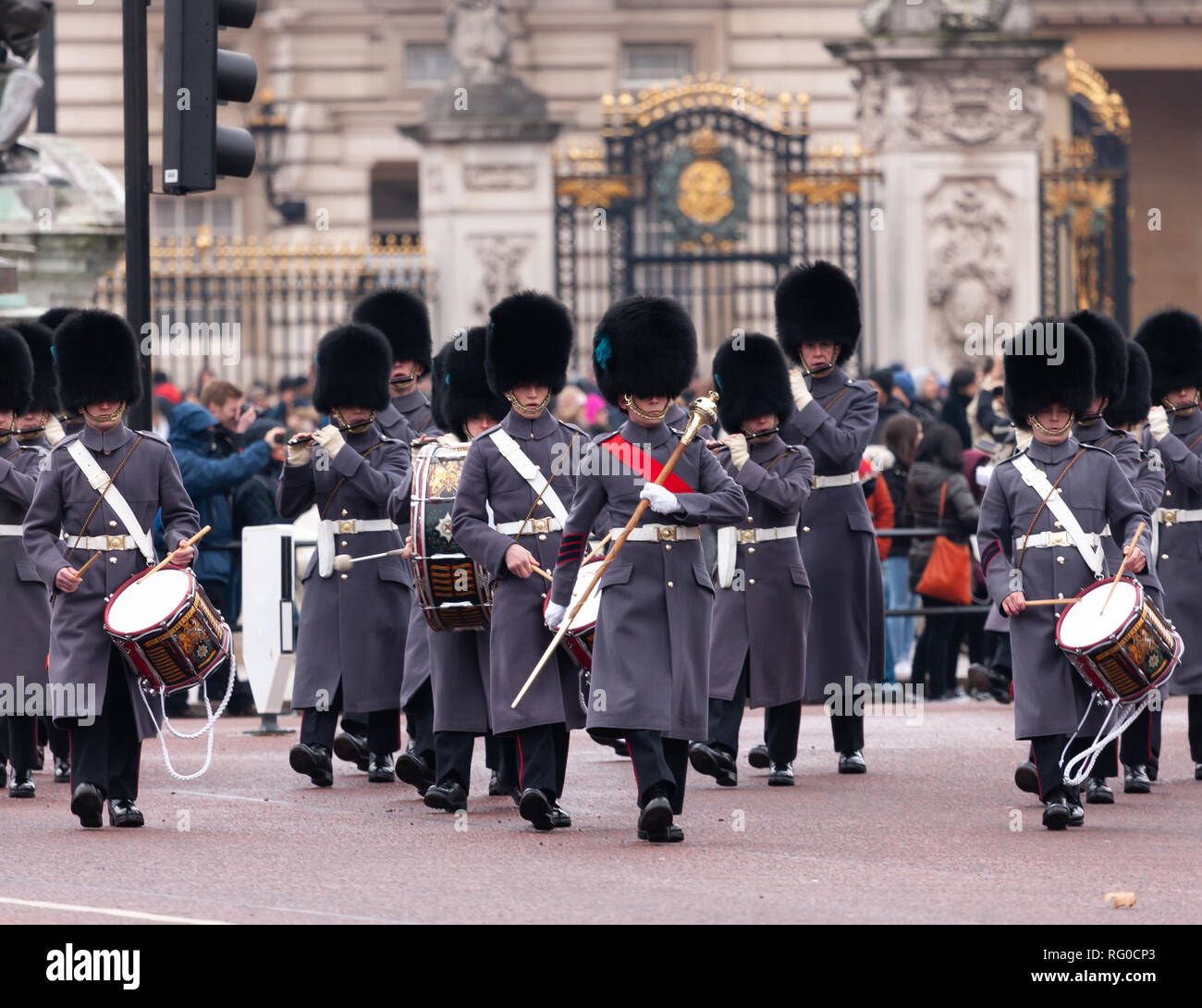 London, England - January 23, 2019. Soldiers of the Irish Guards march ...
