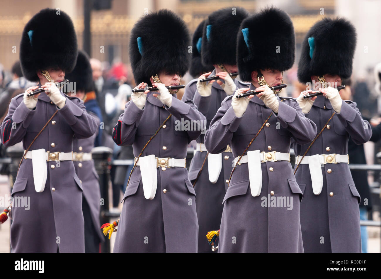London, England - January 23, 2019. Soldiers of the Irish Guards march ...