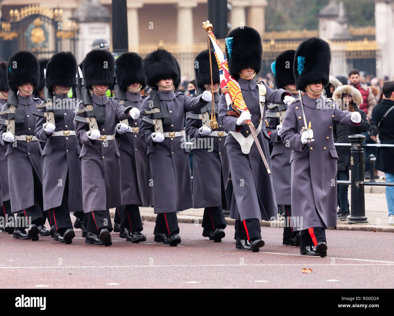 London, England - January 23, 2019. Soldiers of the Irish Guards march ...