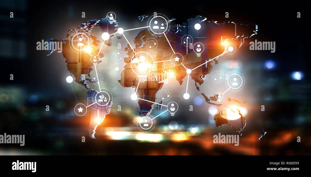 World map with infographics and social media icons. 3d rendering Stock ...