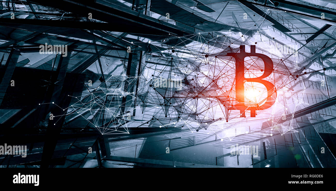 Bitcoin symbol and connection lines as concept for cryptocurrency. 3d ...