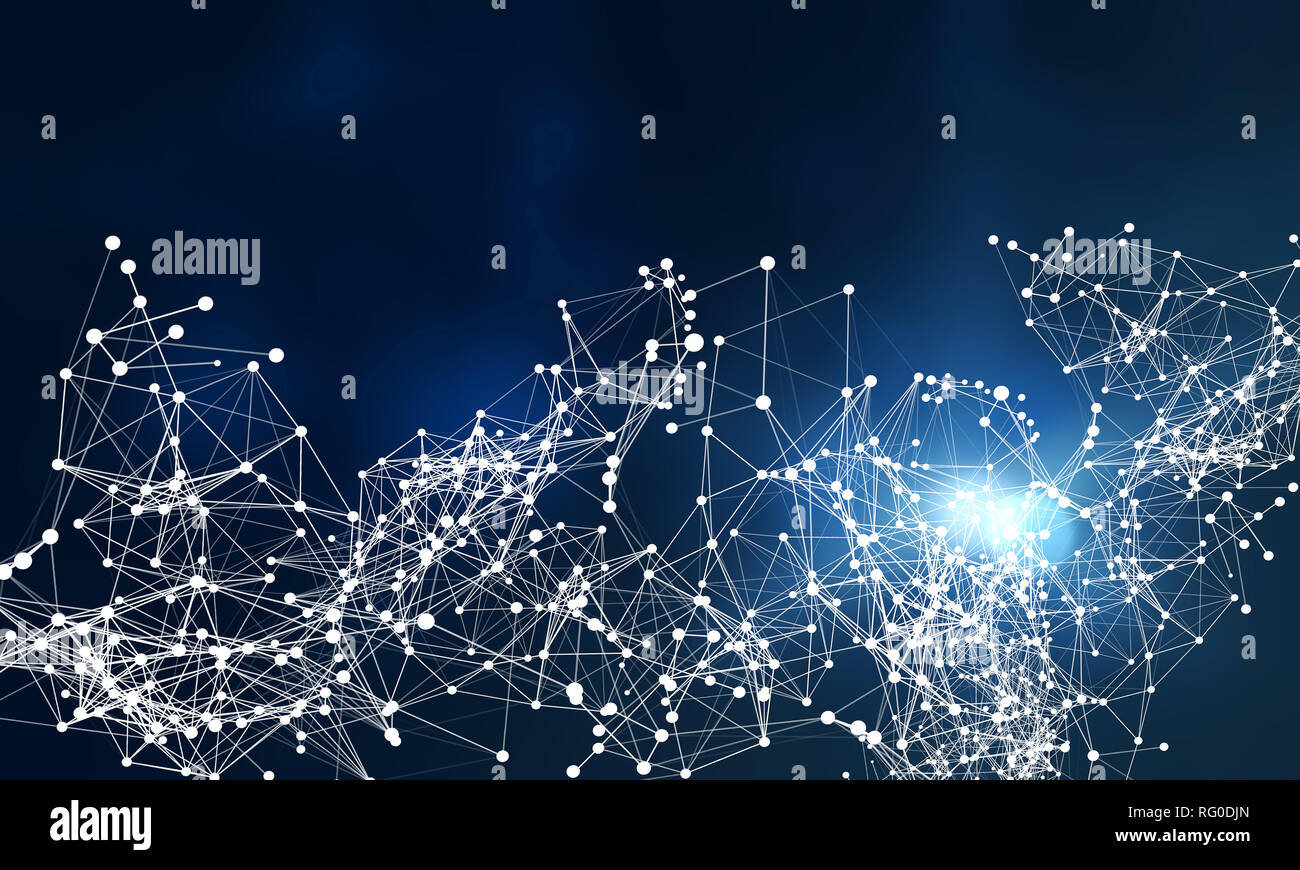 Abstract polygonal blue background with connecting dots and lines. 3d ...