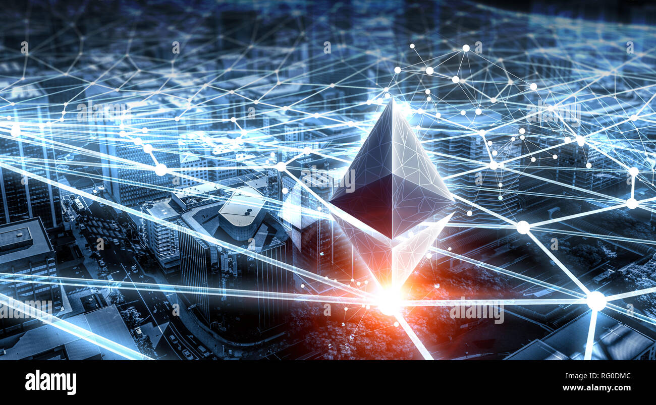 Bitcoin and Ethereum symbols on abstract blue background. 3d rendering ...