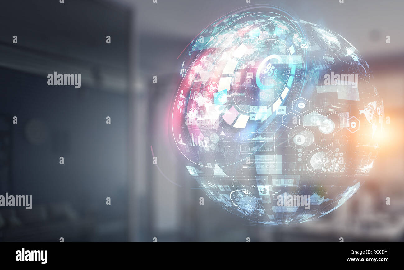 Background technology image with media panel with infographs. Mixed ...