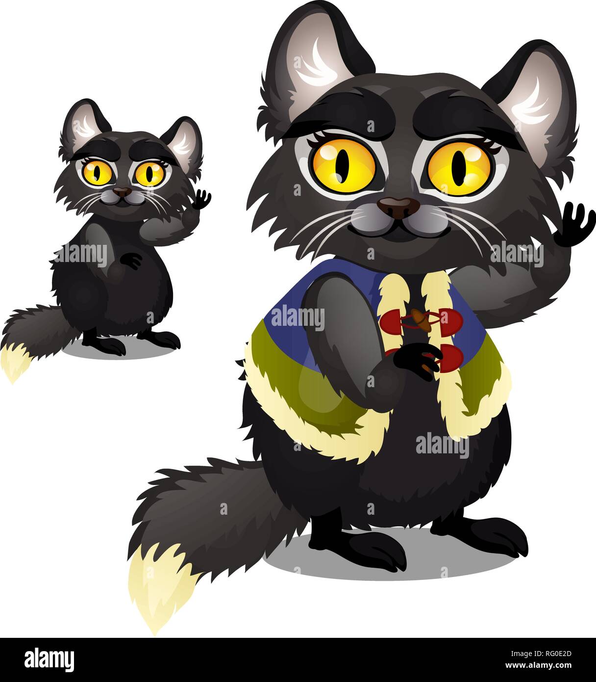 Sly animated black furry cat with yellow eyes in a vest isolated on ...