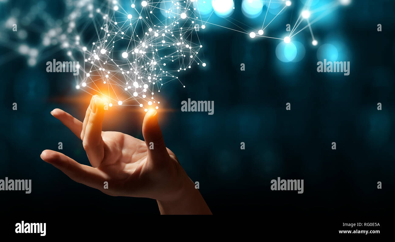 Hand touch technology background with lines and dots. 3d rendering ...