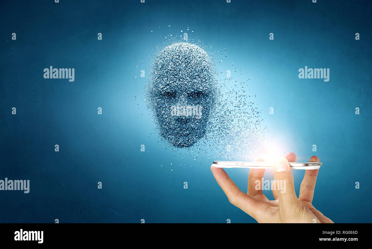 Modern technology concept wih cyber robot face. Mixed media Stock Photo ...