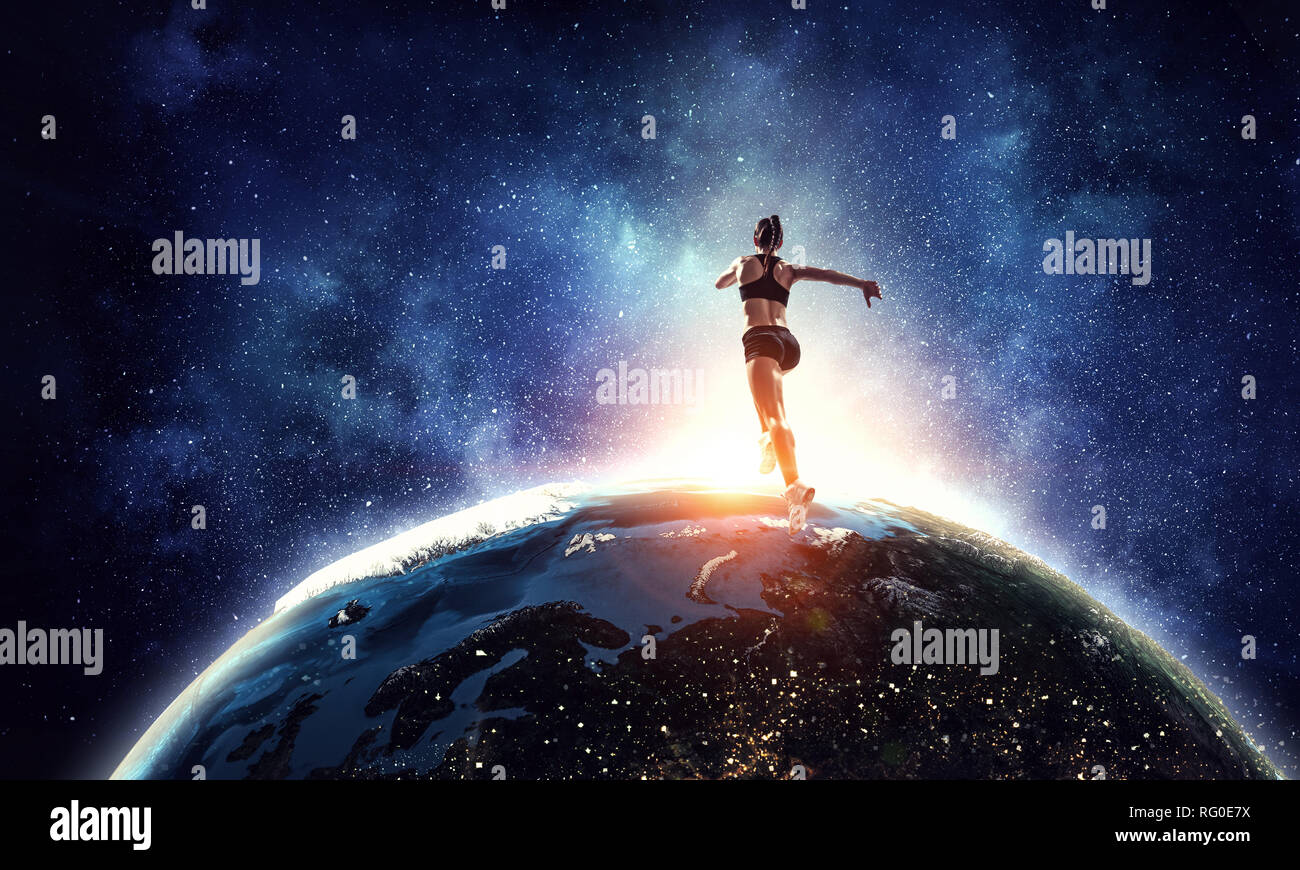 Young athlete girl running on globe. Elements of this image are ...