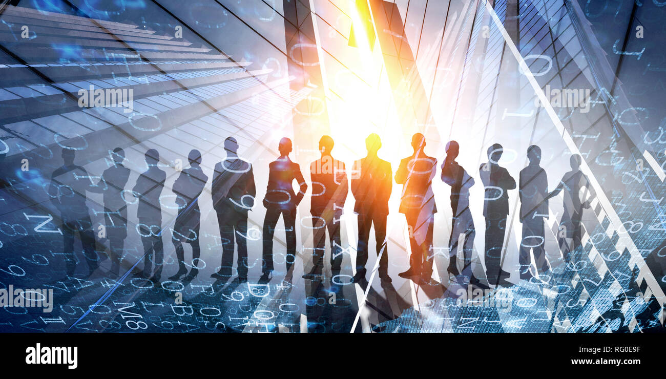 Business team standing in line against business building Stock Photo ...