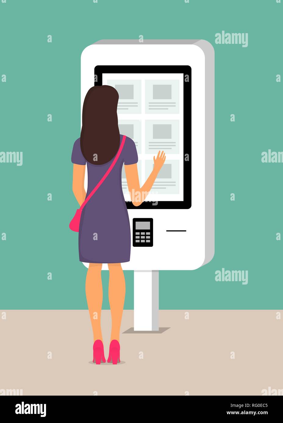 Woman using self-service payment and information electronic terminal ...