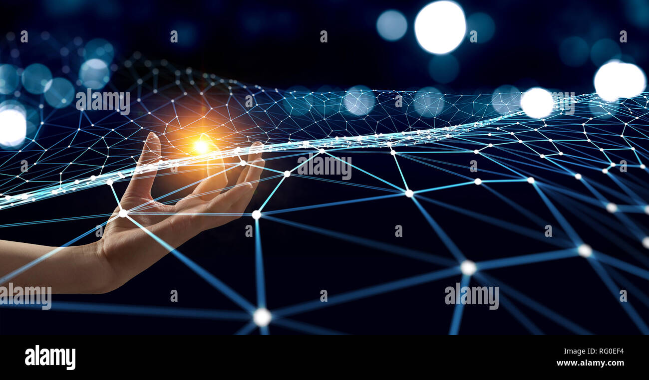 Hand touch technology background with lines and dots. 3d rendering ...