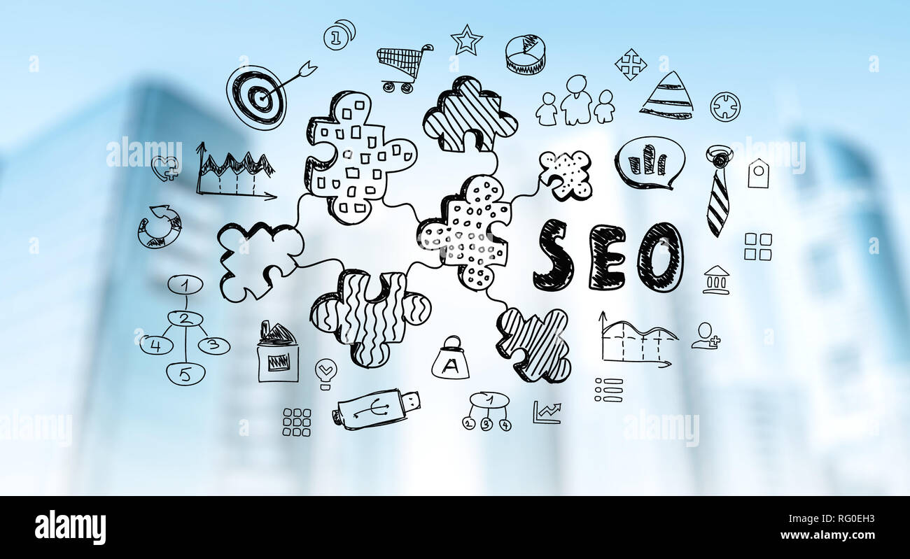 Business strategy plan drawn on screen and blue sky background Stock ...