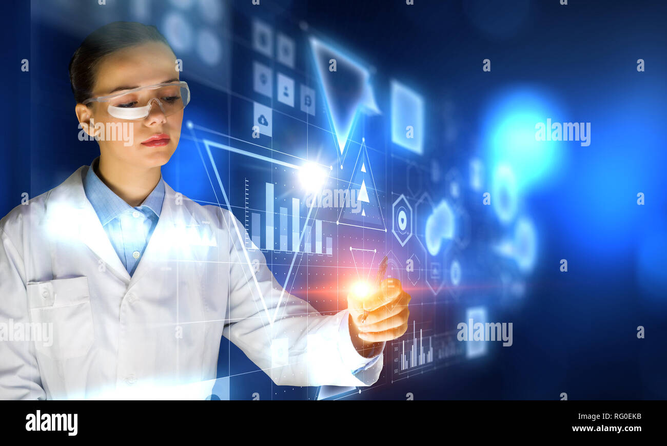 Young woman researcher in medical uniform drawing on screen. 3d ...