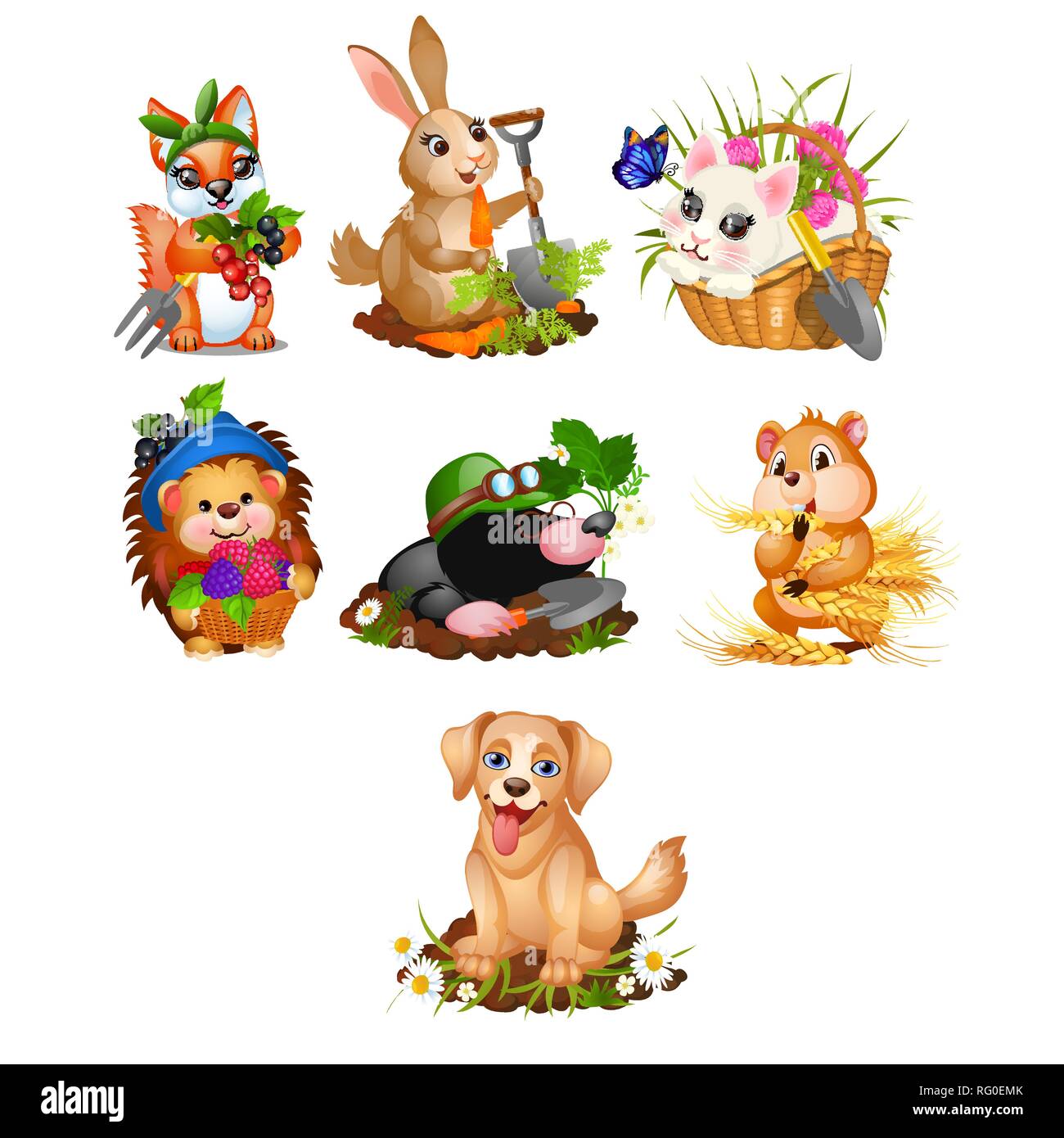 Set of cute animals and harvest ripe vegetables and fruits isolated on ...
