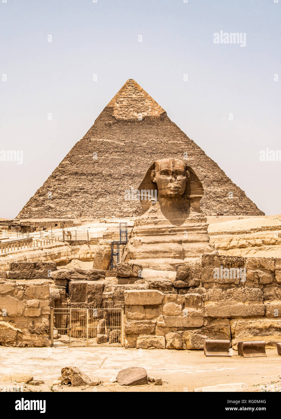 Egyptian Great Sphinx full body portrait head,with pyramids of Giza ...