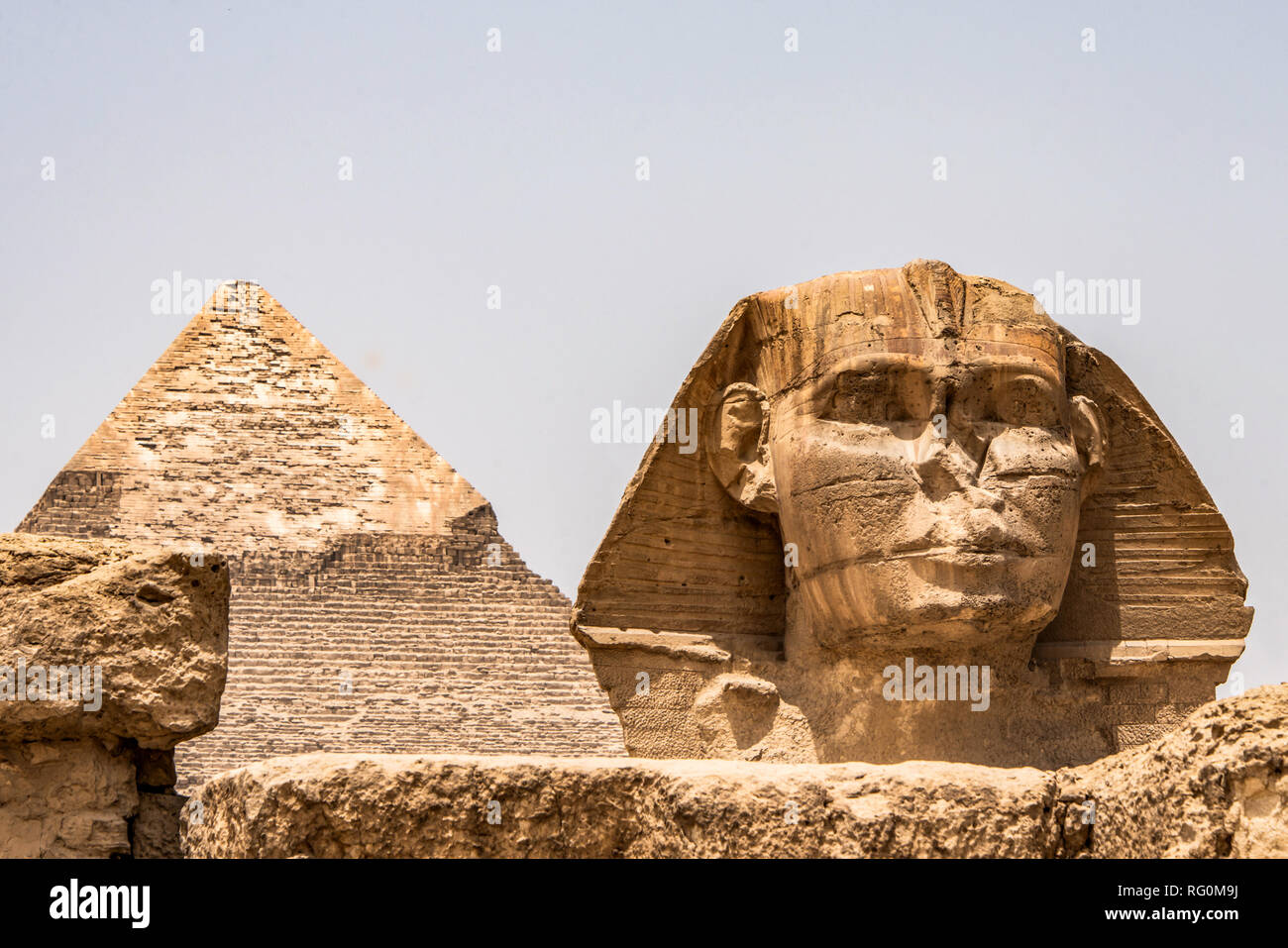 Egyptian Great Sphinx full body portrait head,with pyramids of Giza ...