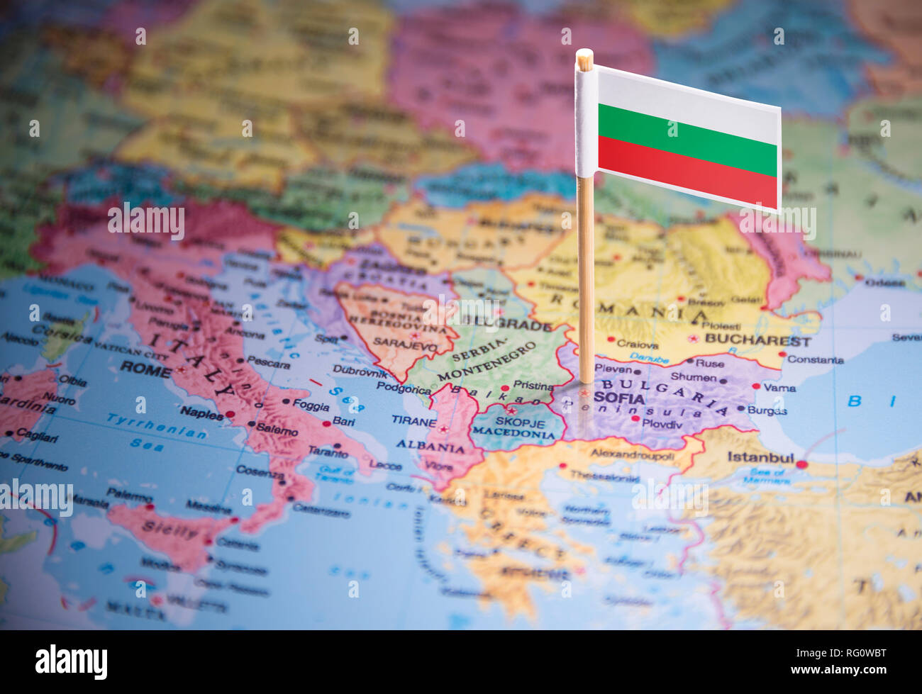 Bulgaria marked with a flag on the map Stock Photo - Alamy