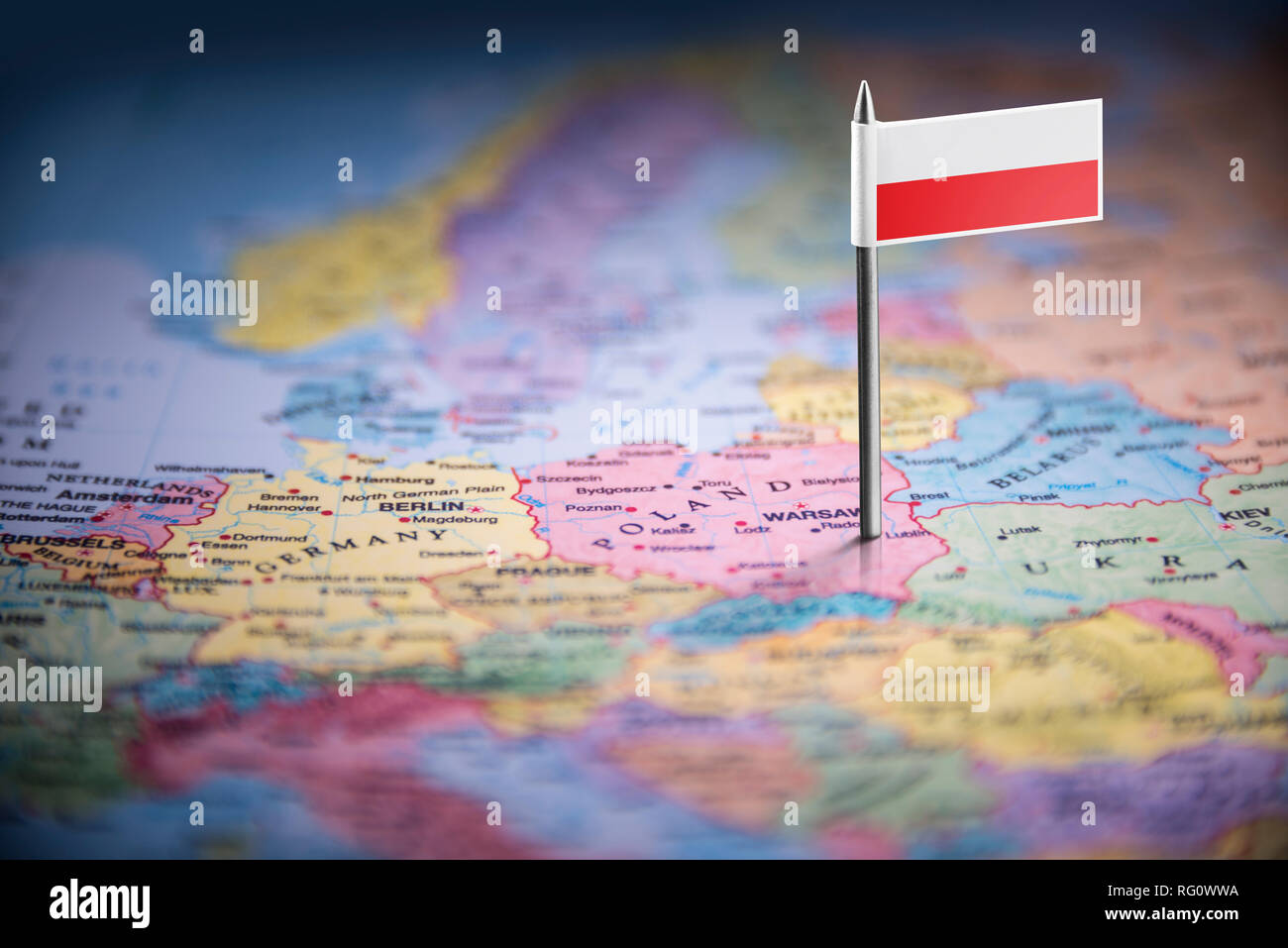 Poland marked with a flag on the map Stock Photo - Alamy