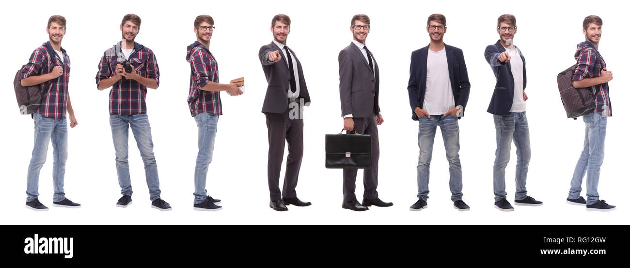 panoramic collage of self-motivated young man .isolated on white Stock ...