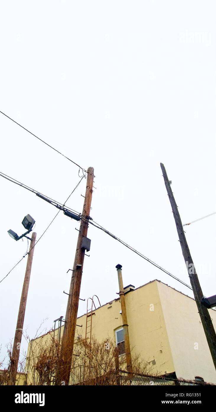 Three wooden electrical and telecommunications poles with live wires ...