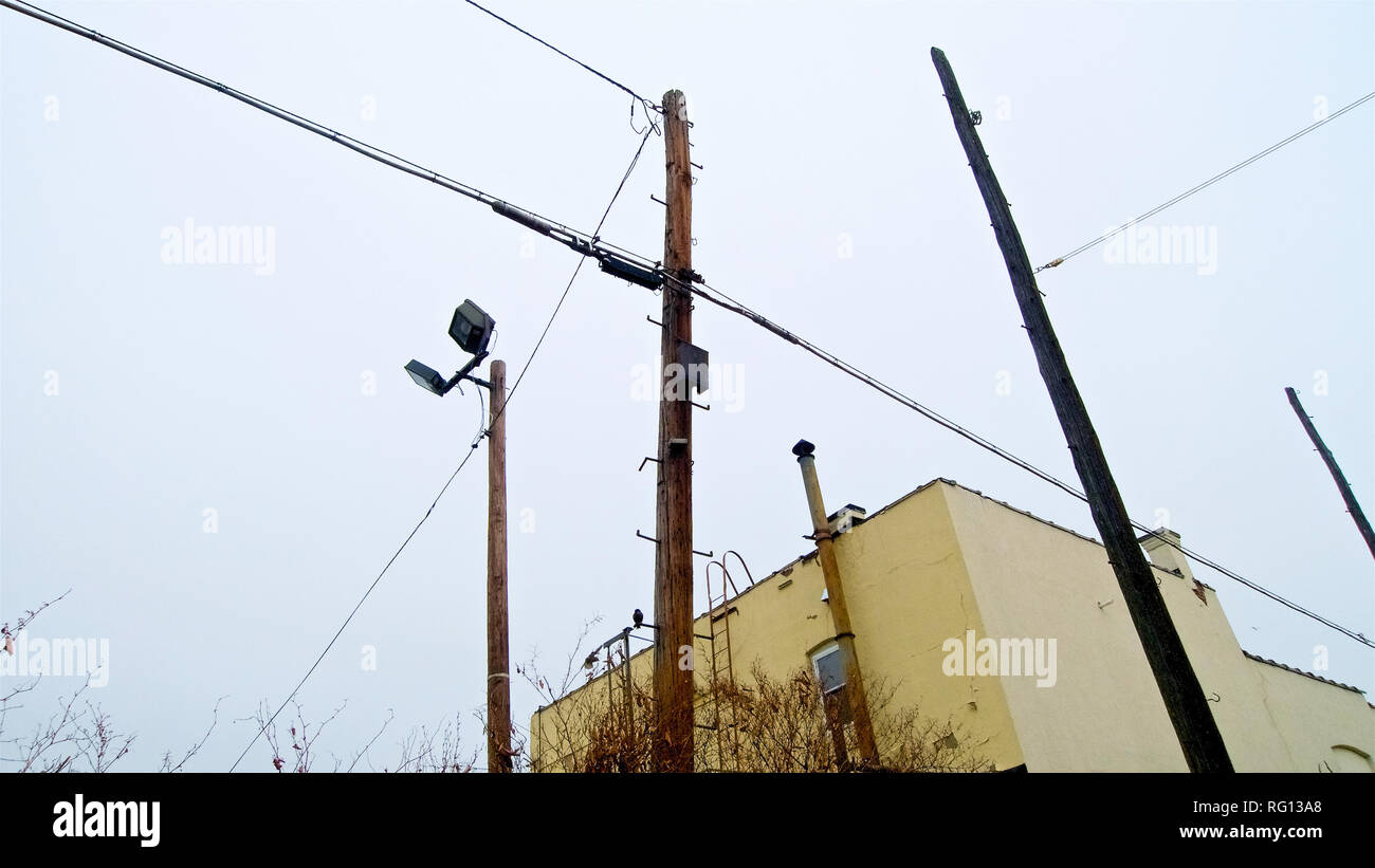 Three wooden electrical and telecommunications poles with live wires ...