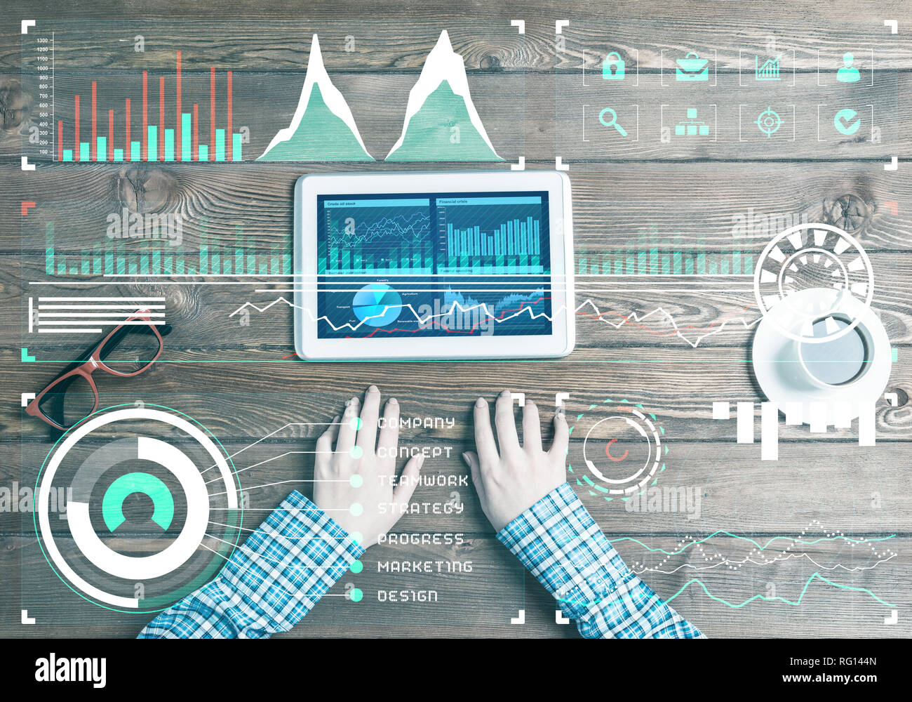 Business workplace with tablet device coffee cup and media graphs and ...