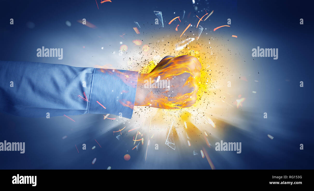 Hand hits strongly and makes fire beam around Stock Photo - Alamy