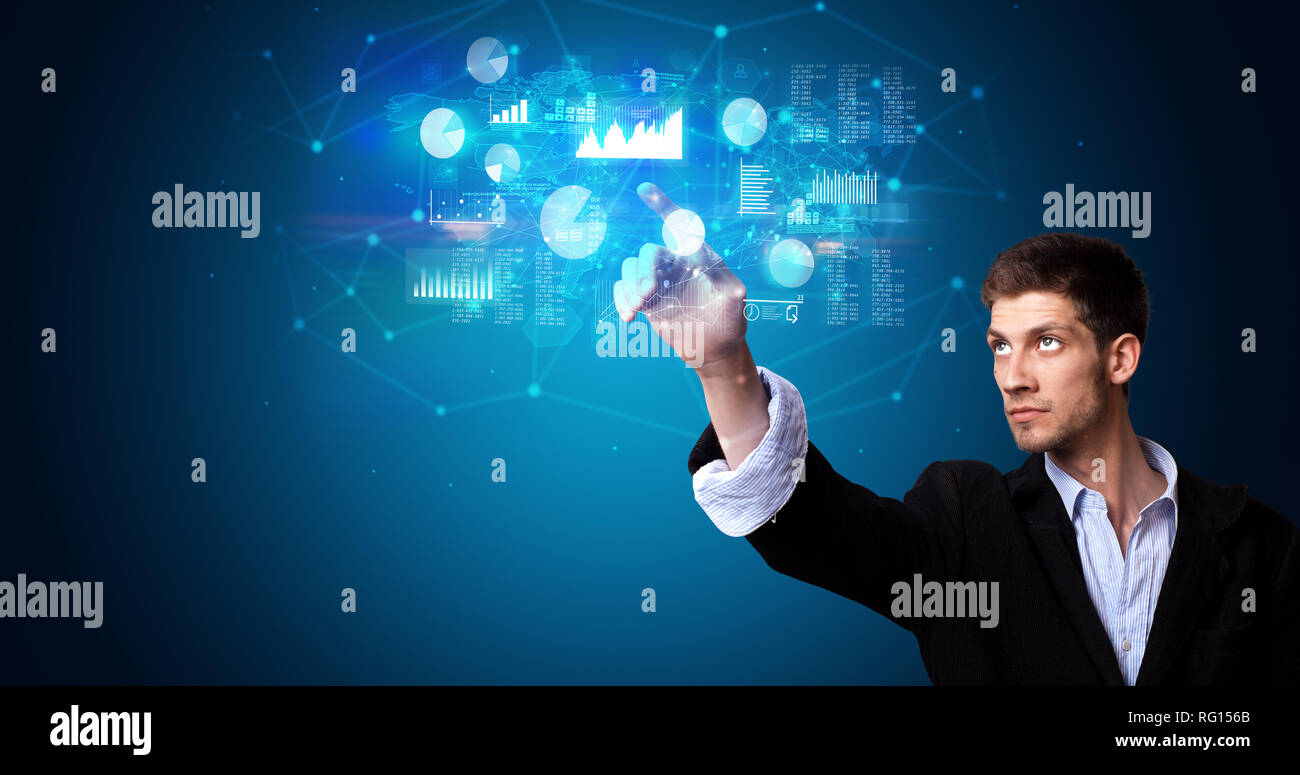 Man accessing modern hologram personal database with fingerprint ...