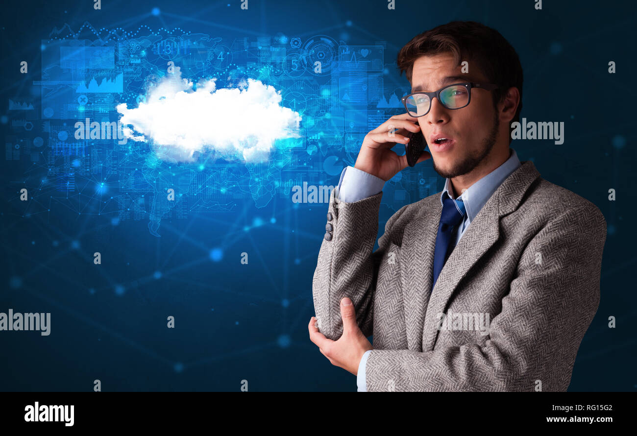Person talking on the phone with blue cloud technology concept Stock ...