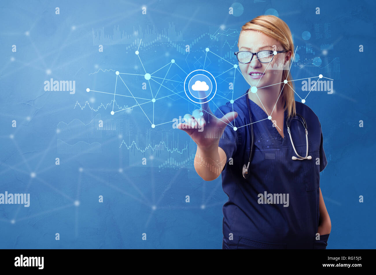 Doctor touching blue screen with virtual hospital concept Stock Photo ...