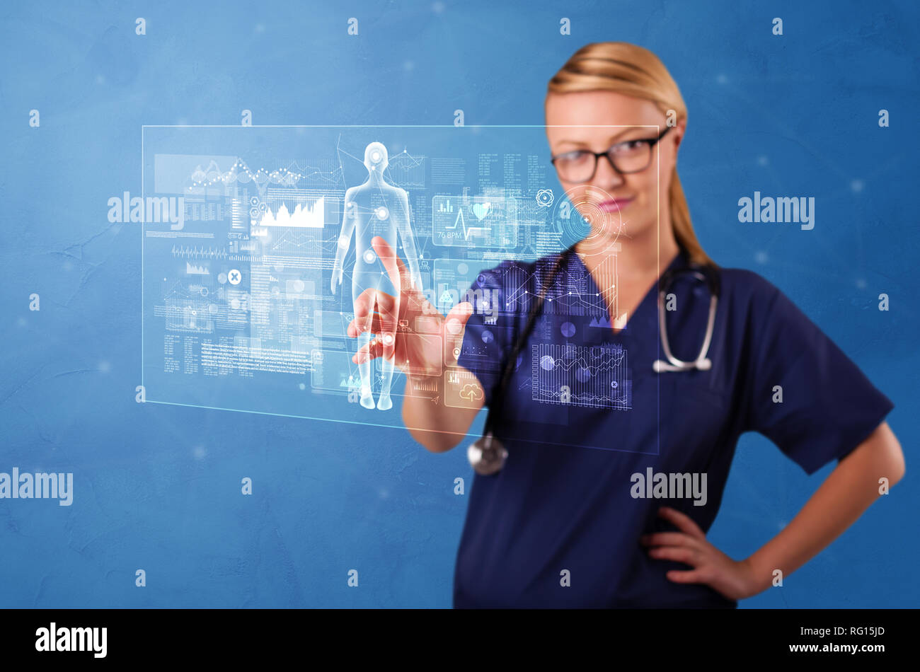 Doctor touching blue screen with full body analyze concept Stock Photo ...