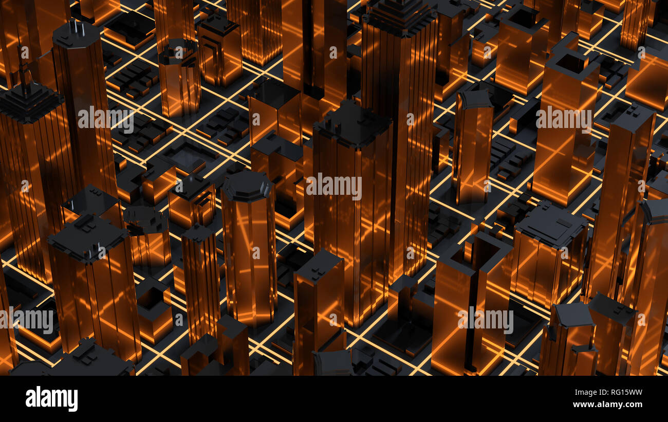Abstract 3d city rendering with glow lines road and digital elements ...