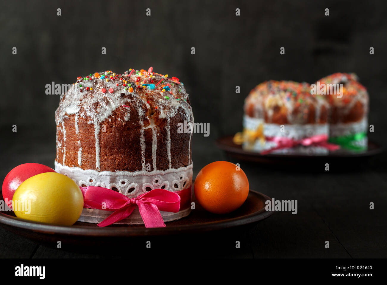 Traditional Orthodox Christian Easter food. Easter cake and painted ...