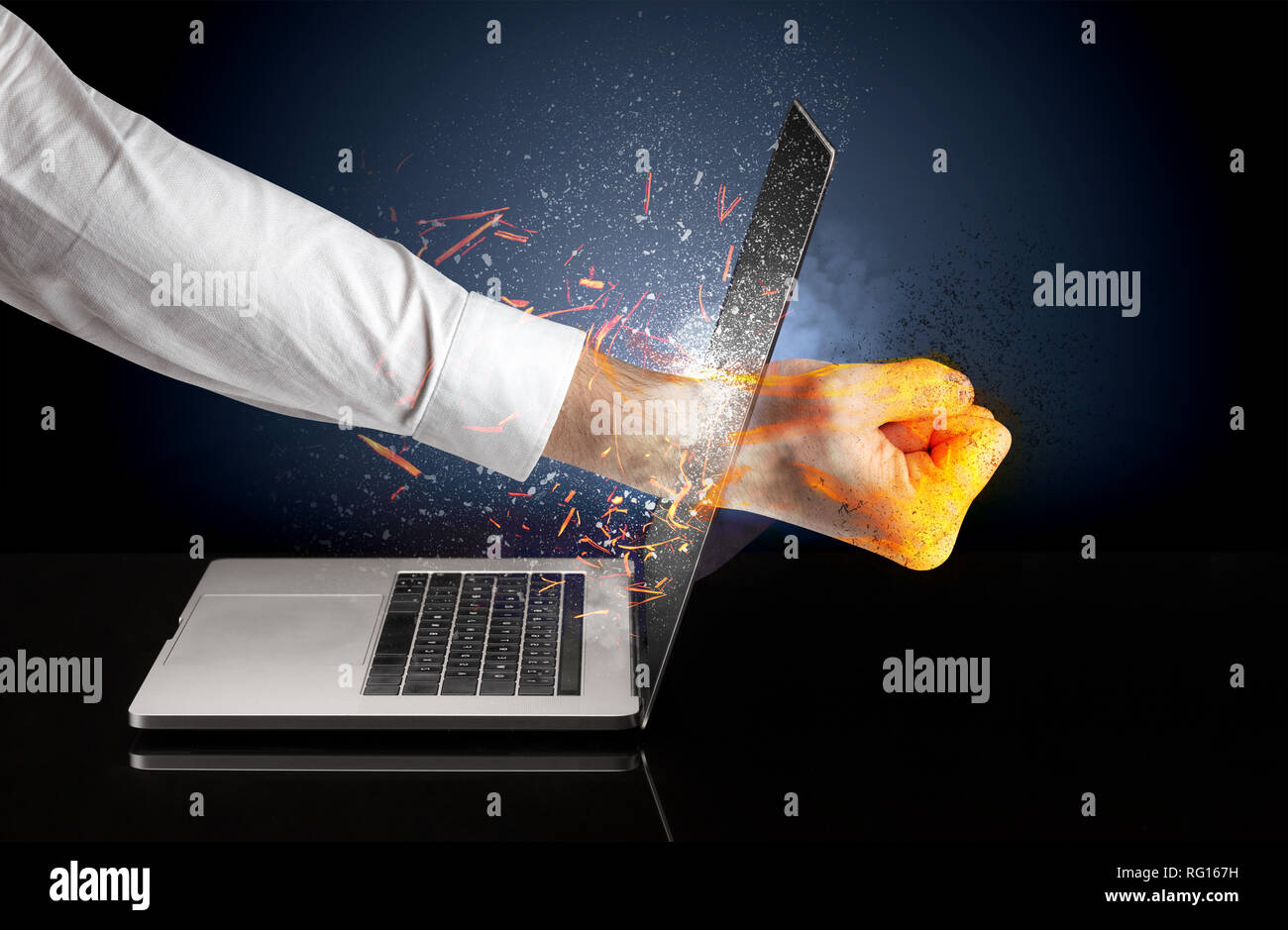Arm hitting strongly laptop screen which breaks in little pieces Stock ...
