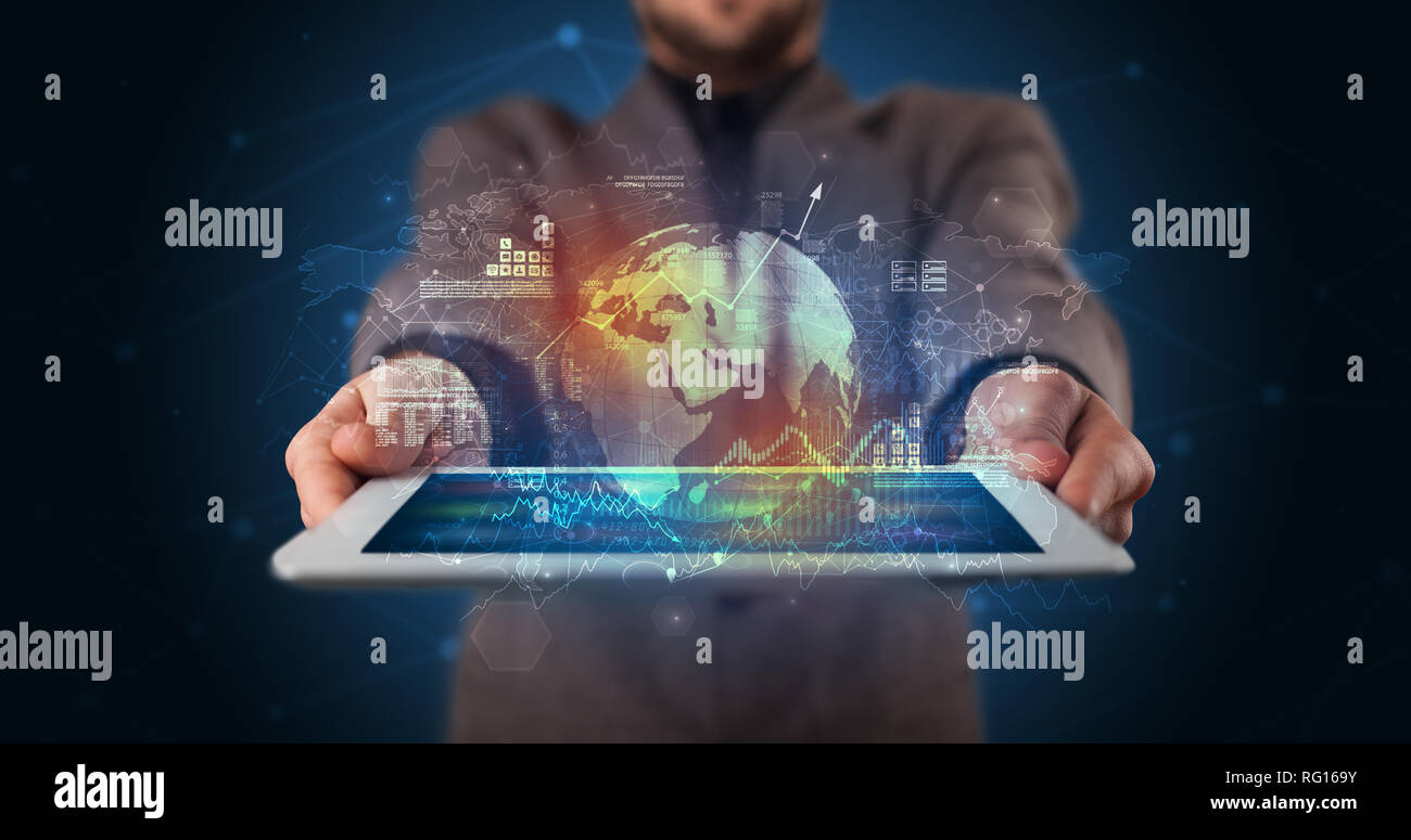 Hand holding tablet with global database concept Stock Photo - Alamy