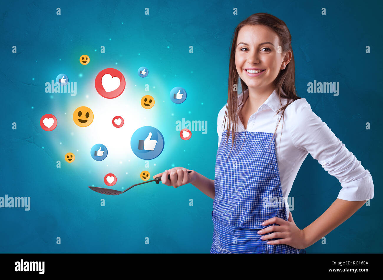 Young happy person cooking social media concept in wok Stock Photo - Alamy