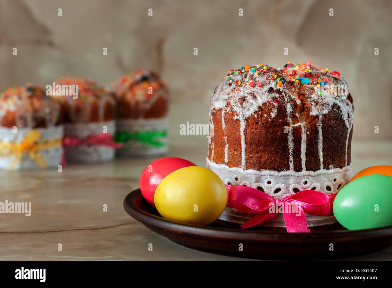 Traditional Orthodox Christian Easter food. Easter cake and painted ...